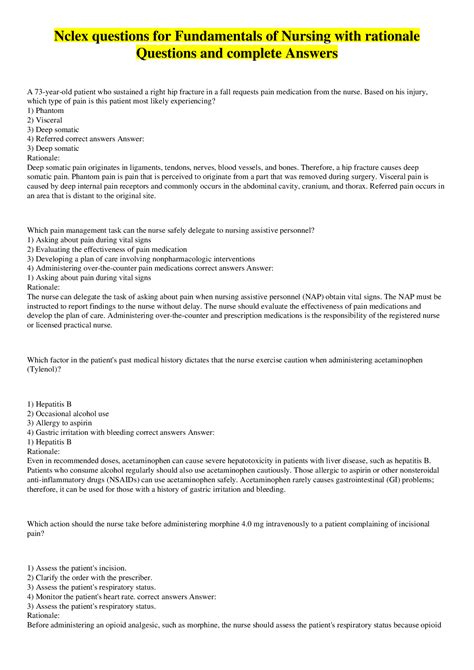 Nclex Questions For Fundamentals Of Nursing With Rationale Questions And Complete Answers