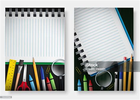 학교에 다시 고립 된 텍스트에 대 한 공간을 가진 칠판 배경에서 노트북 포스터 세트 템플릿 0명에 대한 스톡 벡터 아트 및 기타 이미지 0명 3차원 형태 개념