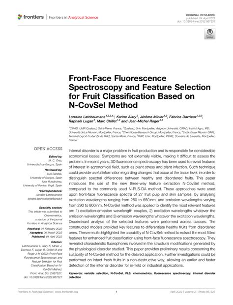 Pdf Front Face Fluorescence Spectroscopy And Feature Selection For