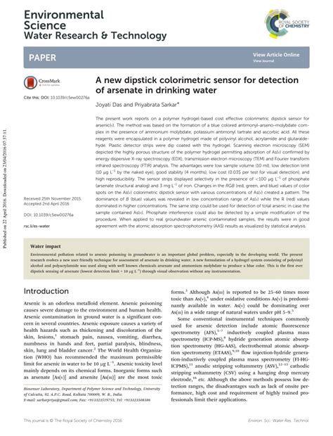 Pdf A New Dipstick Colorimetric Sensor For Detection Of Arsenate In