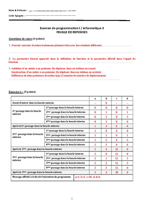 Correction Exam Prog I 2020 1 Nom And Prénom Code Apogée Examen De