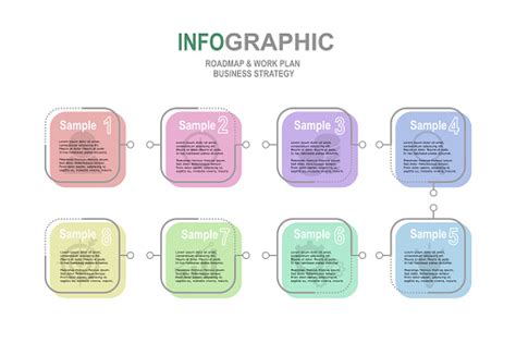 사업 계획 전략 로드맵에 대한 인포그래픽 템플릿 8 단계 현대 타임 라인 다이어그램 비즈니스 아이콘이있는 파스텔 색상 프리젠