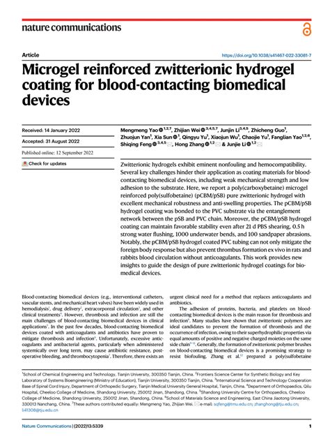 Pdf Microgel Reinforced Zwitterionic Hydrogel Coating For Blood