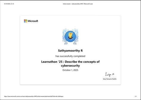 Microsoftlearn Cybersecurity Continuouslearning Learnathon25 Upskilling Sathya Moorthy