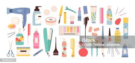 뷰티 살롱 도구 미용사 매니큐어 및 메이크업 장비 헤어 드라이어 가위 빗 및 크림 병 스타일리스트 화장품 벡터 세트 생활필수품에