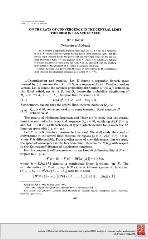 Pdf On The Rate Of Convergence In The Central Limit Theorem In Banach