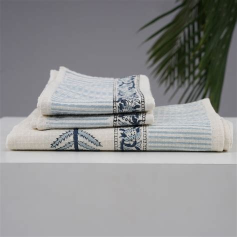 White And Blue Pattern Pure Cotton Block Printed Bath And Hand Towel Set