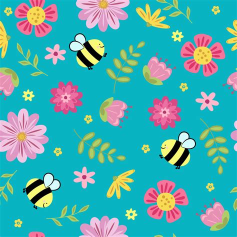 Seamless Pattern With Beautiful Flowers Leaves And Bees Cute Spring Pattern 23401661 Vector