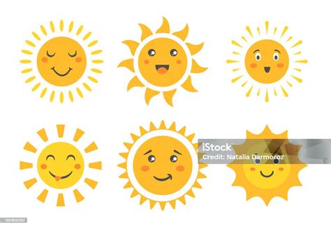 만화 태양 이모티콘 캐릭터 컬렉션 행복한 감정과 재미 긍정적 인 미소와 맑은 얼굴 재미있는 여름 햇빛 아기 이모티콘 귀여운 태양 벡터 일러스트 세트 햇빛에 대한 스톡 벡터
