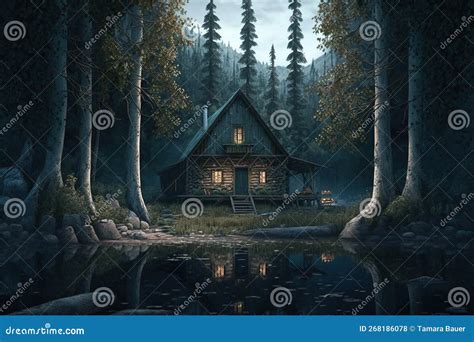 Scary Country Cabin In The Woods At Night Stock Illustration