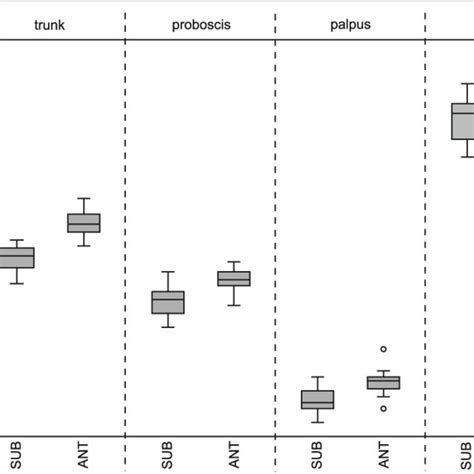 boxplot showing size differences in morphological structures of the