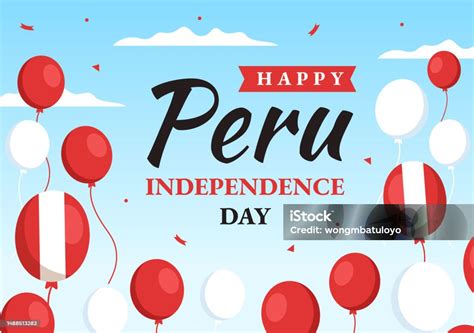 페루 독립 기념일 벡터 일러스트레이션 7월 28일 국경일에서 깃발을 흔들며 플랫 만화 손으로 그린 랜딩 페이지 배경 템플릿 7월에 대한 스톡 벡터 아트 및 기타 이미지