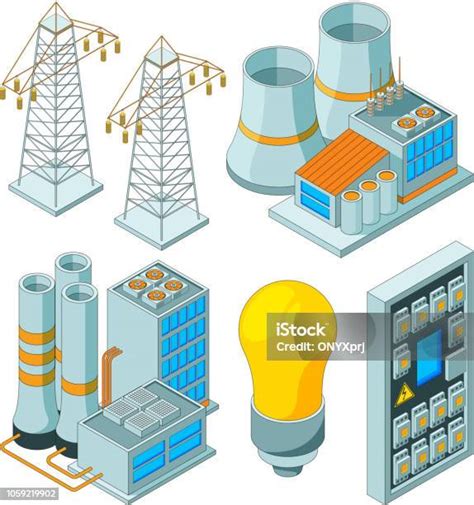 에너지 전기 시스템입니다 전기 조명 도구를 절약 조명 발전기 아이소메트릭 일러스트 벡터 등측투영법에 대한 스톡 벡터 아트 및 기타 이미지 등측투영법 원자력 발전소