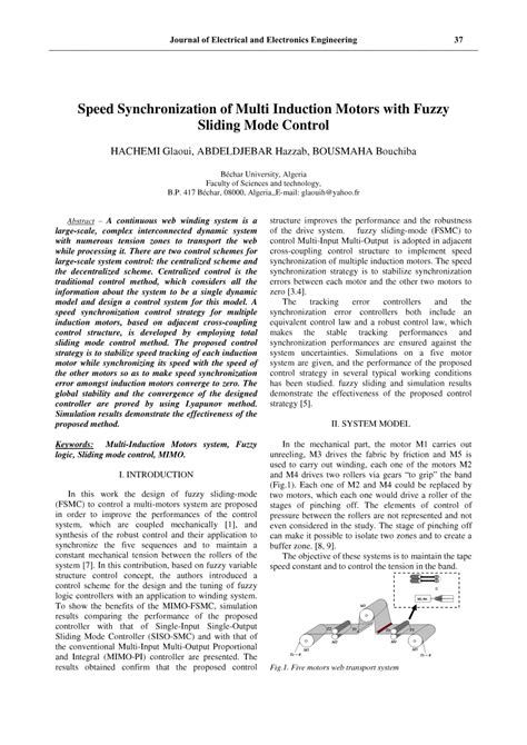 Pdf Speed Synchronization Of Multi Induction Motors With Fuzzy Sliding Mode Control