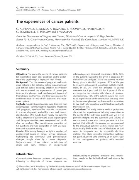 Pdf The Experiences Of Cancer Patients
