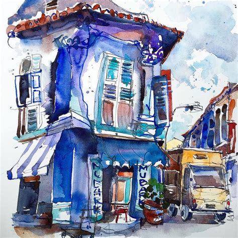 Sketching At Clive Street Beautiful Corner Blue Shophouse