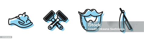 세트 라인 콧수염과 수염 쉐이징 젤 폼 교차 면도기 및 스트레이트 면도기 아이콘 벡터 0명에 대한 스톡 벡터 아트 및 기타 이미지 0명 가장자리 개성 개념 Istock