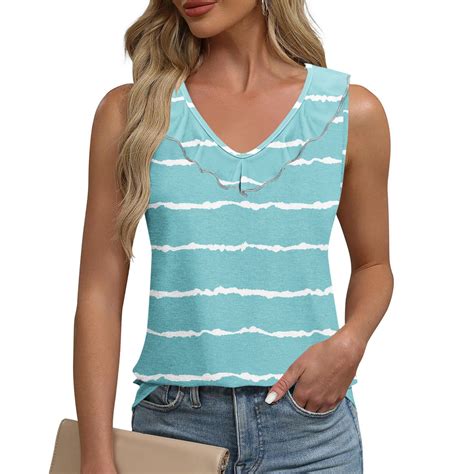 Xihbxyly Womens Tops Clearance Fashion Striped Print V Neck Tank Tops Casual Loose Fit