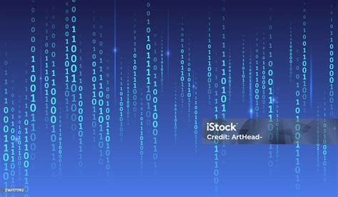 숫자의 컴퓨터 배경 비행 데이터 그림 분석 정렬 구조화 정보 전송 데이터 흐름이 있는 파란색 배경입니다 바이너리 코드 인공 지능 프로그램 코드 0명에 대한 스톡 벡터 아트