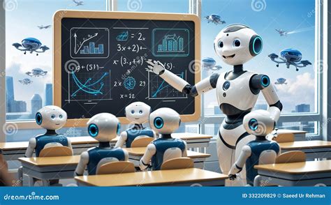 Futuristic Classroom Scene Robot Teaching Smaller Robots In Advanced