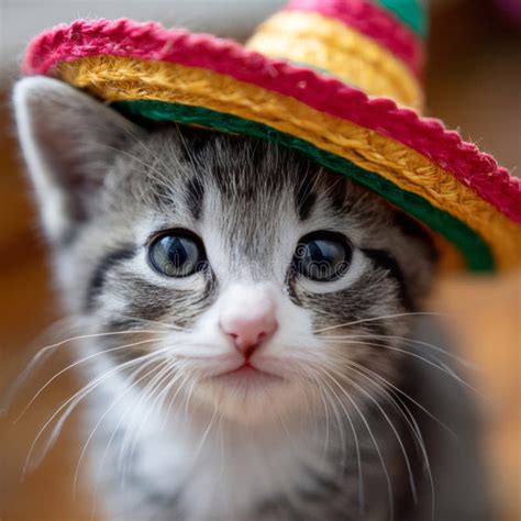 A Small Kitten Wearing A Sombrero On Its Head Stock Image Image Of