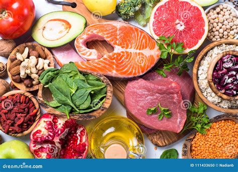 Healthy Food Balanced Nutrition Meat Fish Legumes Nuts And Stock