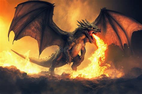 Fire Breathing Dragon With Open Wings Claws And Fangs Over A Lava Flow
