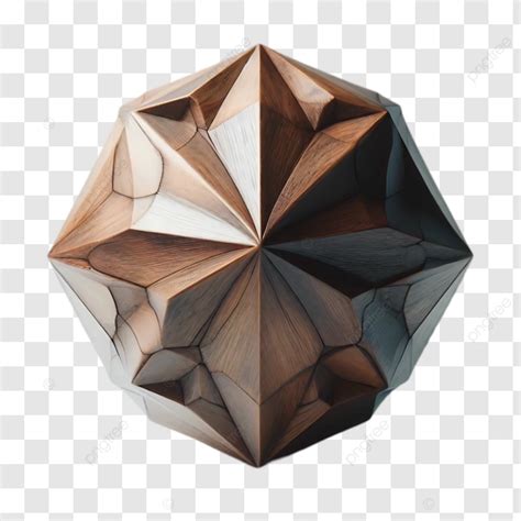 A Geometric Sculpture Resembling Polyhedron Featuring Mix Of Warm Wood Tones And Sharp Angular