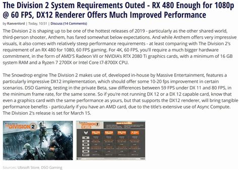 The Division 2 System Requirements Outed Rx 480 Enough For 1080p 60 Fps Dx12 Renderer