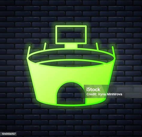 빛나는 네온 경기장 아이콘은 벽돌 벽 배경에 분리되어 있다 아레나 심볼 벡터 가루로 빻은에 대한 스톡 벡터 아트 및 기타 이미지 가루로 빻은 건축 건축하기 Istock