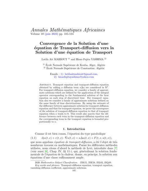 Pdf Convergence De La Solution Duné Equation De Transport Diffusion