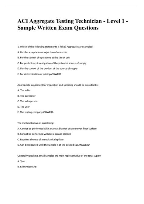 Aci Aggregate Testing Technician Level 1 Sample Written Exam