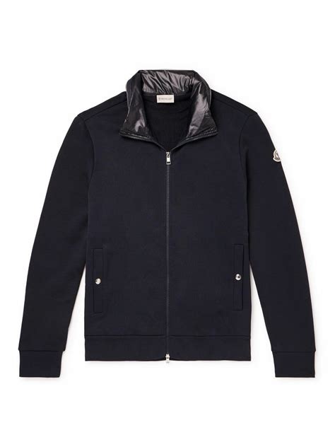 Moncler Hooded Logo Appliquéd Cotton Jersey Zip Up Sweatshirt Blue