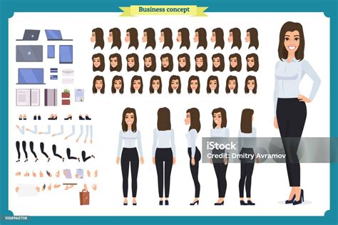 사업가 캐릭터 디자인의 설정 전면 측면 후면 애니메이션 캐릭터입니다 비즈니스 여자 캐릭터 창조와 다양 한 플레이 포즈 제스처 설정 고립 된 평면 벡터 여자에 대한 스톡 벡터