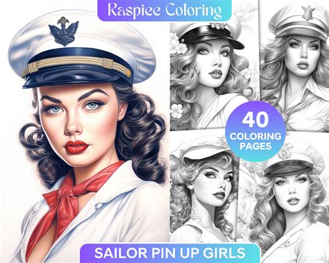 40 Sailor Pin Up Girls Grayscale Coloring Pages Printable For Adults