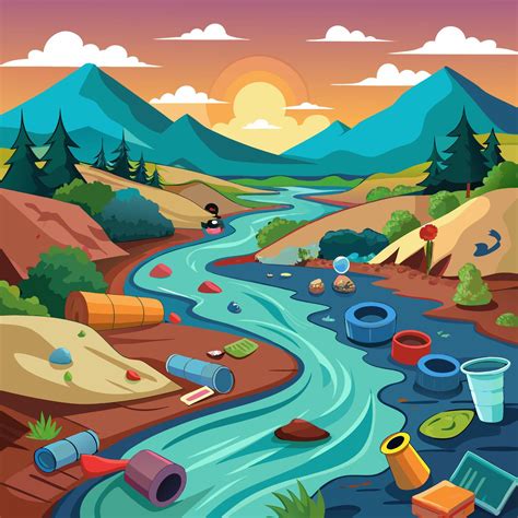 Polluted River Landscape Sunset Illustration Environmental Awareness