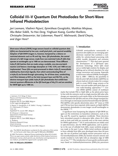Pdf Colloidal Iiiv Quantum Dot Photodiodes For Short Wave Infrared Photodetection