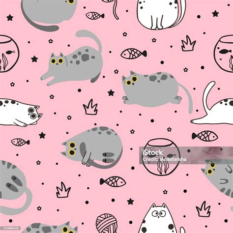 귀여운 만화 고양이와 원활한 패턴 직물 섬유 벡터 일러스트 레이 션에 적합 0명에 대한 스톡 벡터 아트 및 기타 이미지 0명 가축 개 Istock