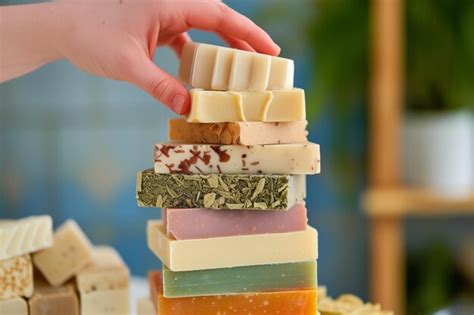 Premium Photo Natural Soaps Stack With Hand Reaching For Top Bar
