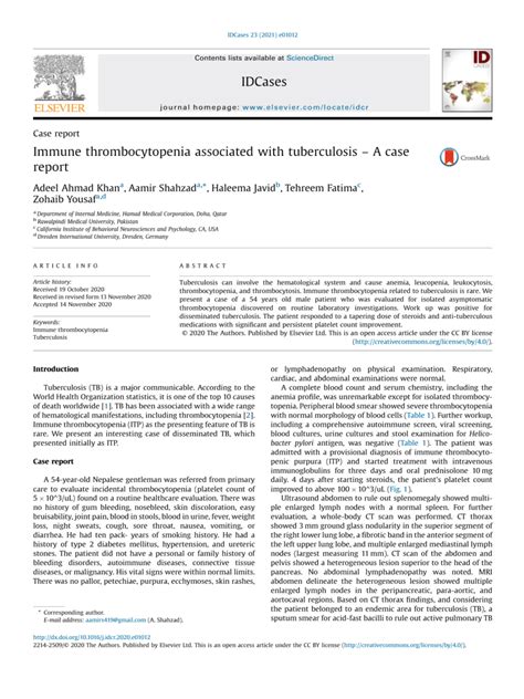 Pdf Immune Thrombocytopenia Associated With Tuberculosis A Case Report