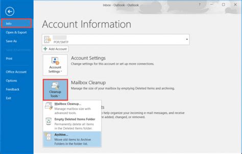 make use of archive feature in outlook 2016 to reduce size of emails