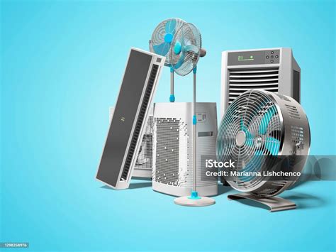 그림자가 있는 공기 냉각 블루 배경용 블루 팬 에어컨 및 휴대용 에어컨의 3d 렌더링 0명에 대한 스톡 사진 및 기타 이미지 0명 금속 기후 묘사 Istock