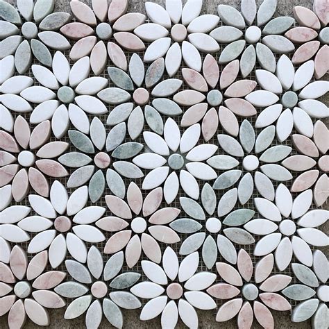 Carrara White Marble Daisy Field Flower Waterjet Mosaic Tile Polished