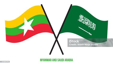 미얀마와 사우디 아라비아 국기는 교차하고 플랫 스타일을 흔들 공식 비율 올바른 색상입니다 0명에 대한 스톡 벡터 아트 및 기타 이미지 Istock