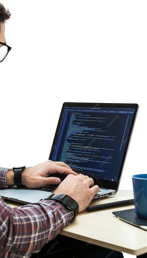 Realistic Image Of Developer Typing Code At Laptop Premium Ai Generated Image