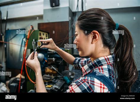 Milling Machine Worker Verify Manufacturing Steel Parts Accuracy Special Caliper Scale With