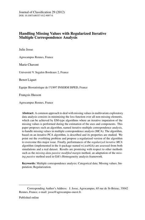 Pdf Multiple Correspondence Analysis With Missing Values