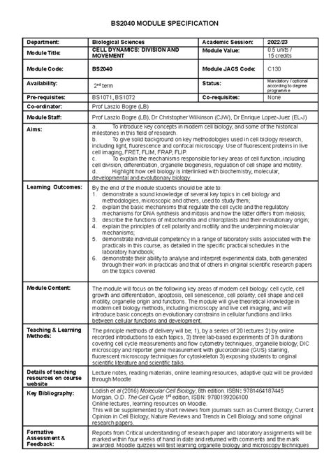 Cell Dynamics Course Spec Bs2040 Module Specification Department