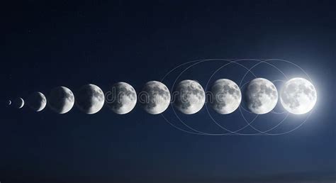 Phases Of The Moon From Crescent To Full Moon In Starry Night Sky With