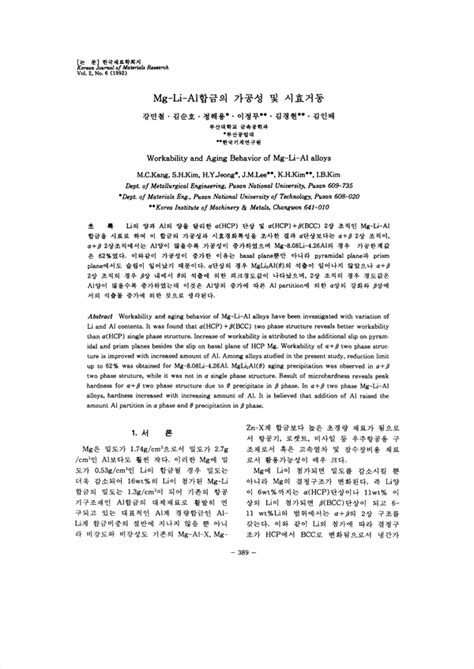Mg Li Al합금의 가공성 및 시효거동 Koreascholar